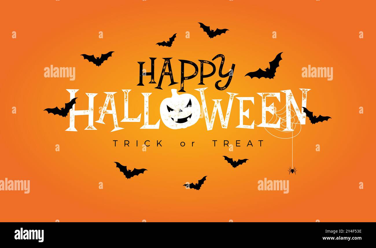 Happy Halloween Vector Illustration with Scary Pumpkin, Flying Bats and ...