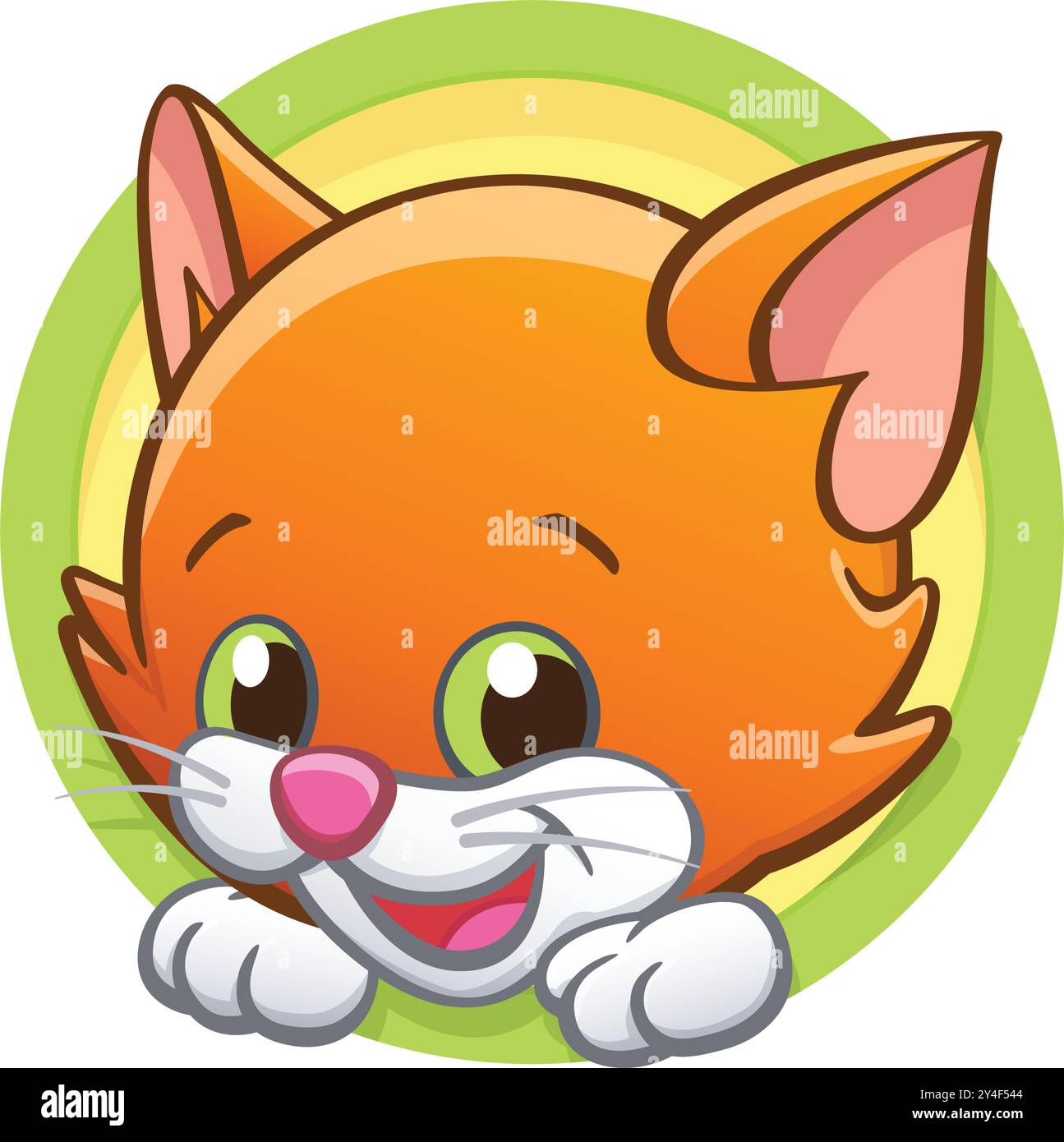 Cute smiling cartoon ginger kitten cat character with white paws poking ...
