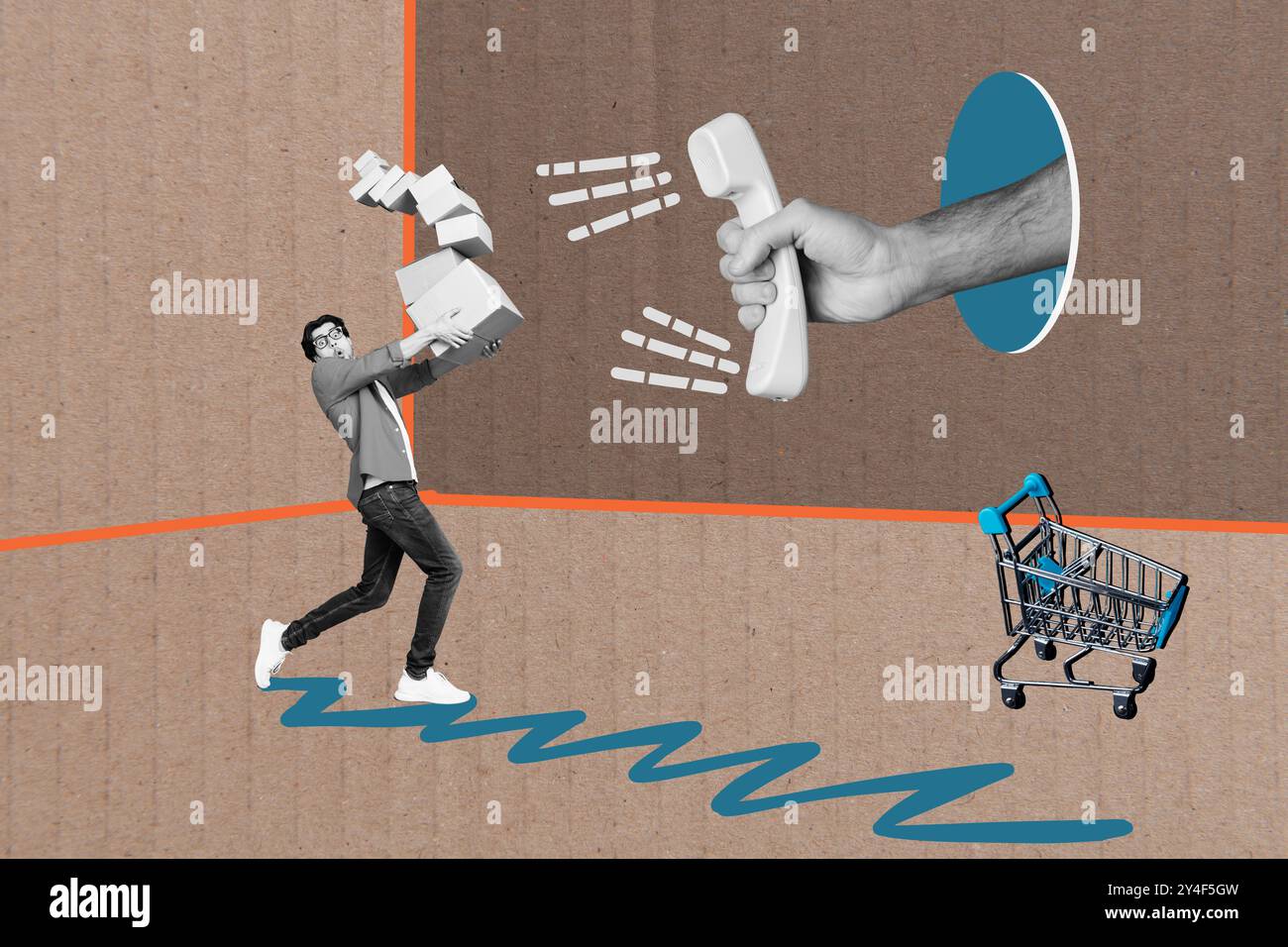 Composite photo collage of astonished guy carry box order fall hand ...