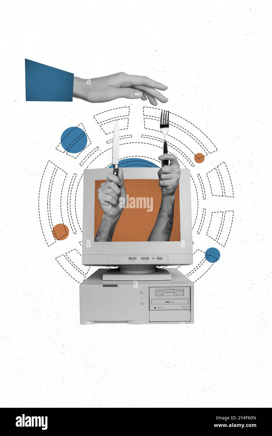 Vertical photo collage of hands hold fork knife peek computer screen ...