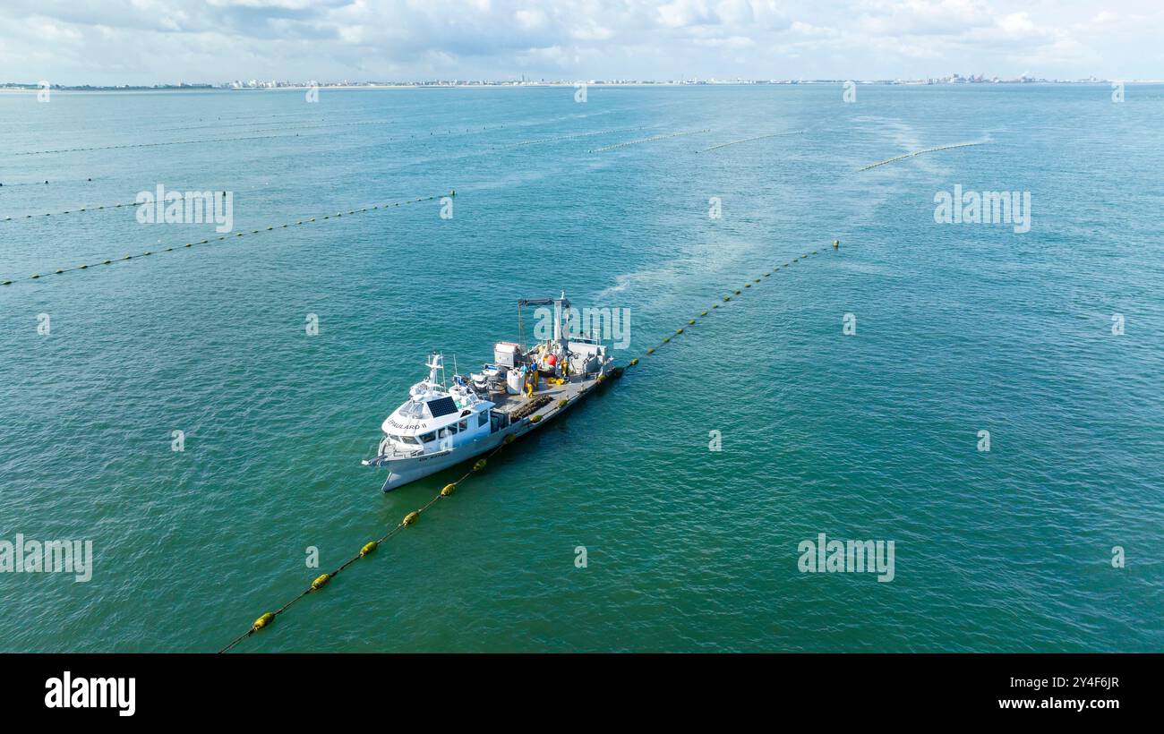 Mussel breeding off Dunkirk (Dunkerque), in the North Sea: aerial view ...