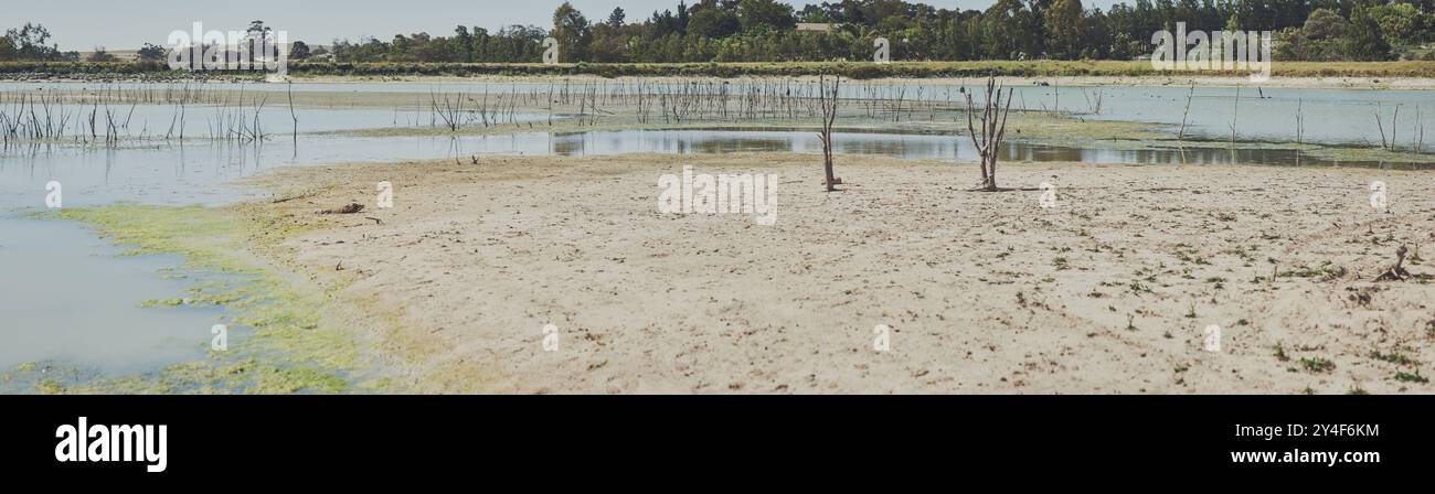 Environment, empty dam and water with drought, natural disaster or ...