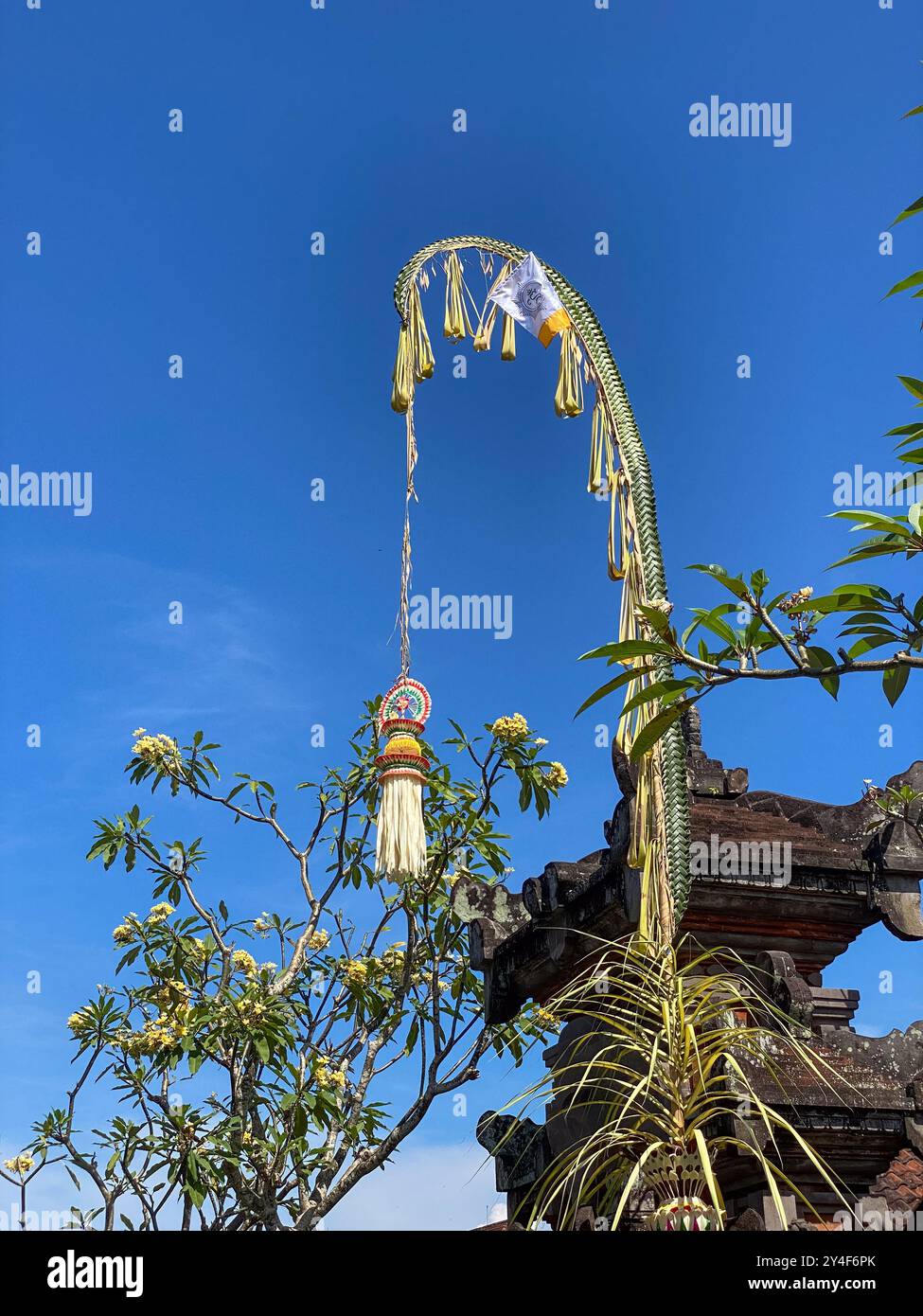 Penjor pole for Galungan celebration, Bali Island, Indonesia. The ...