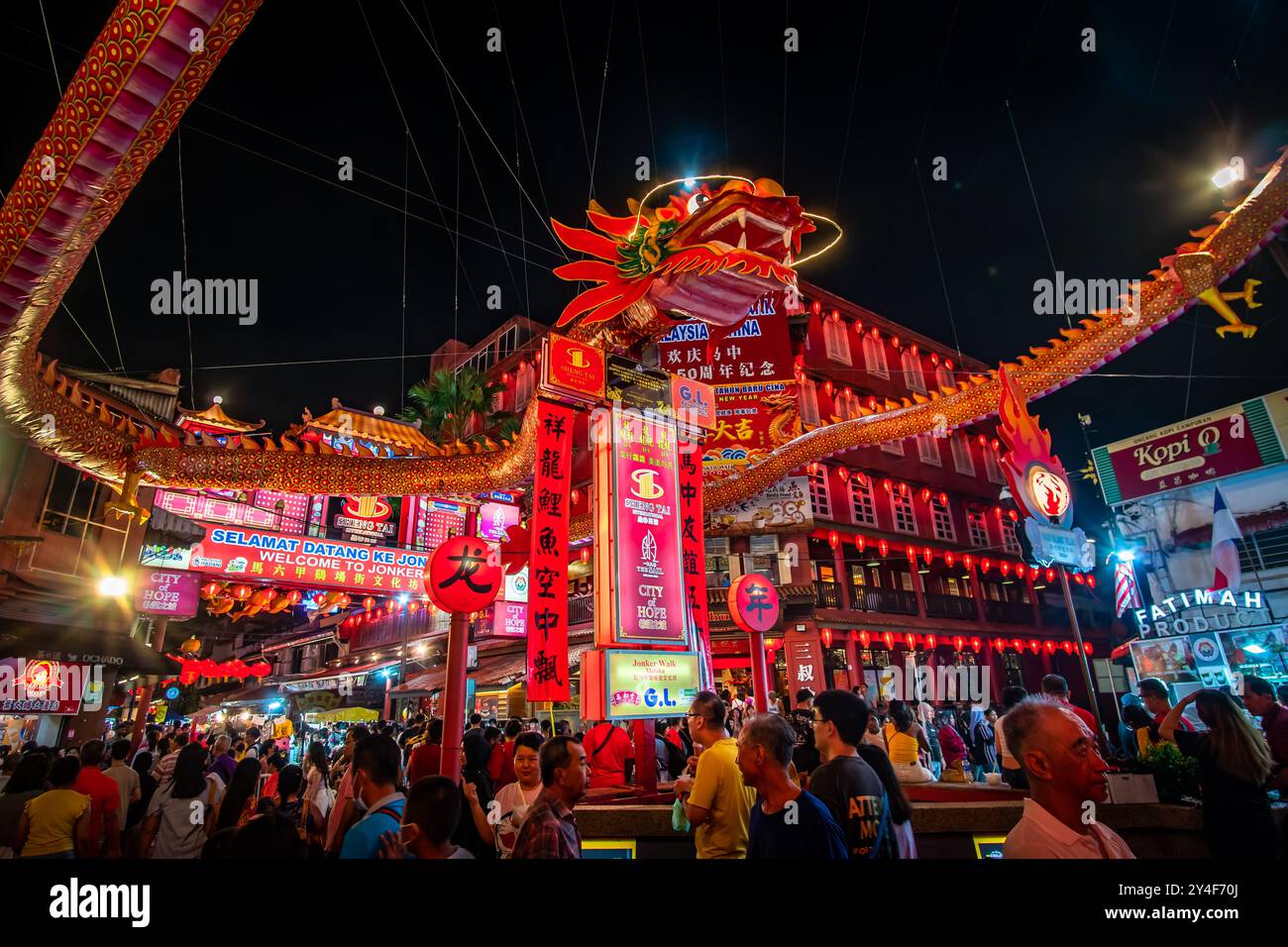 Jonker Street in the Chinatown neighborhood of Melaka during Chinese New Year Night Stock Photo ...