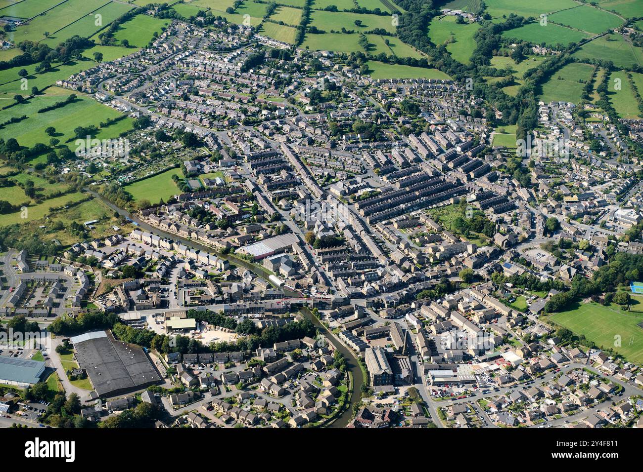 An arial view of the West Yorkshire, canal side town, of Silsden ...