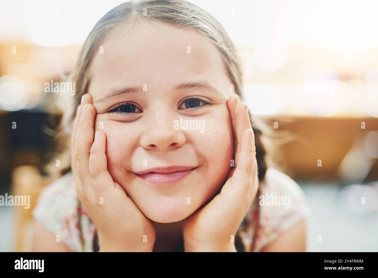 Education, classroom and portrait of child with smile for academic ...