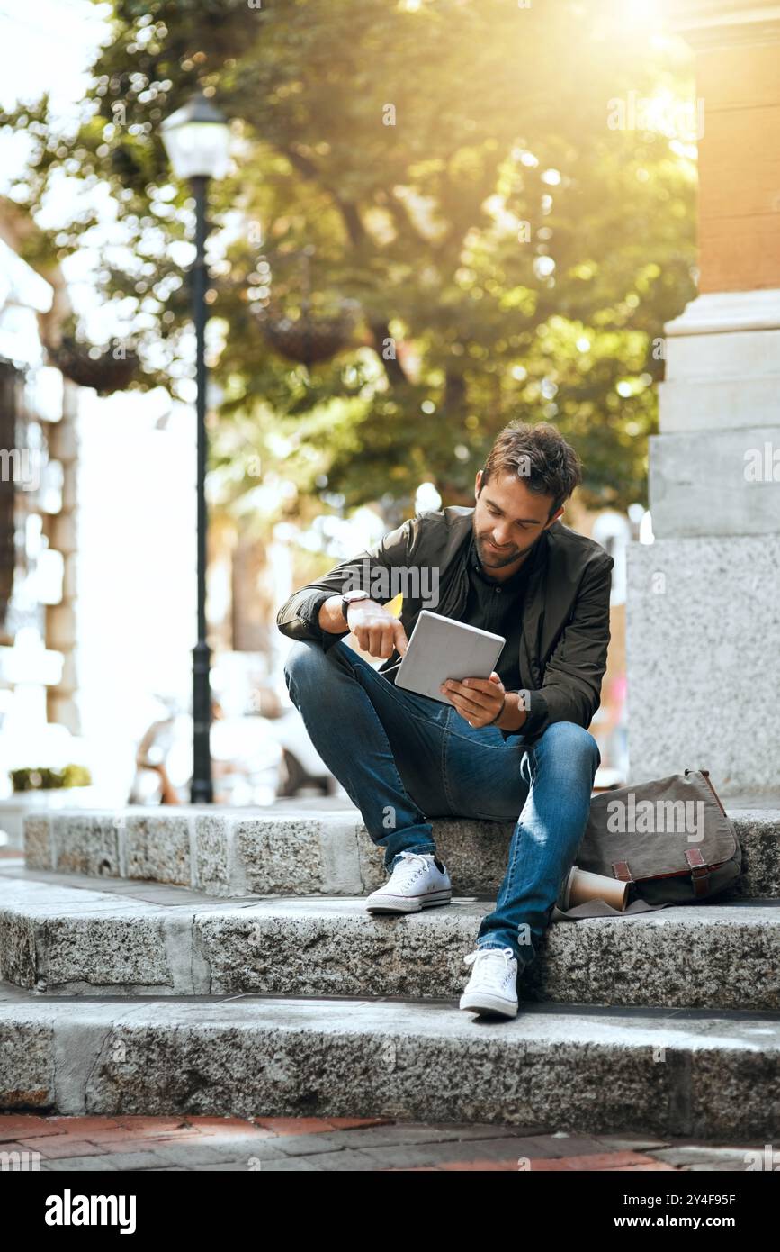 Man, relax and tablet for travel in city with online research, location ...