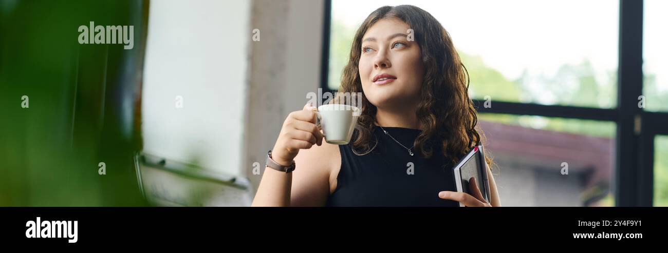 A vibrant plus size woman with long curly hair sips her coffee, deeply ...