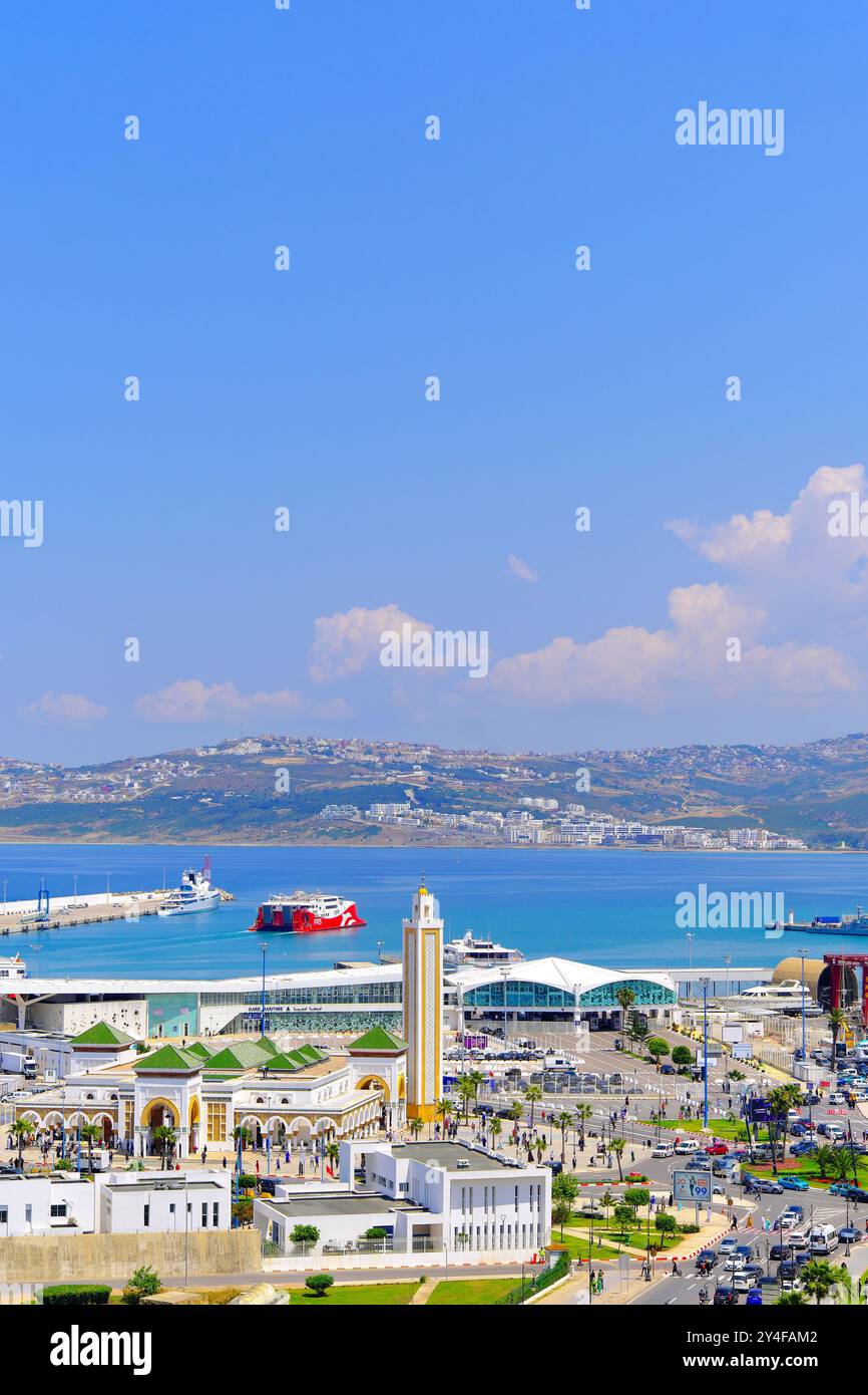 Morocco, Tangier: view of the city with the port, the minaret of the ...