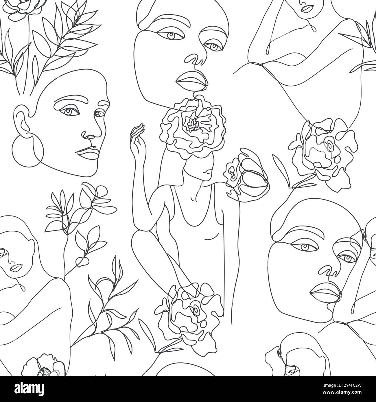Vector one line black and white woman face seamless pattern, female art ...