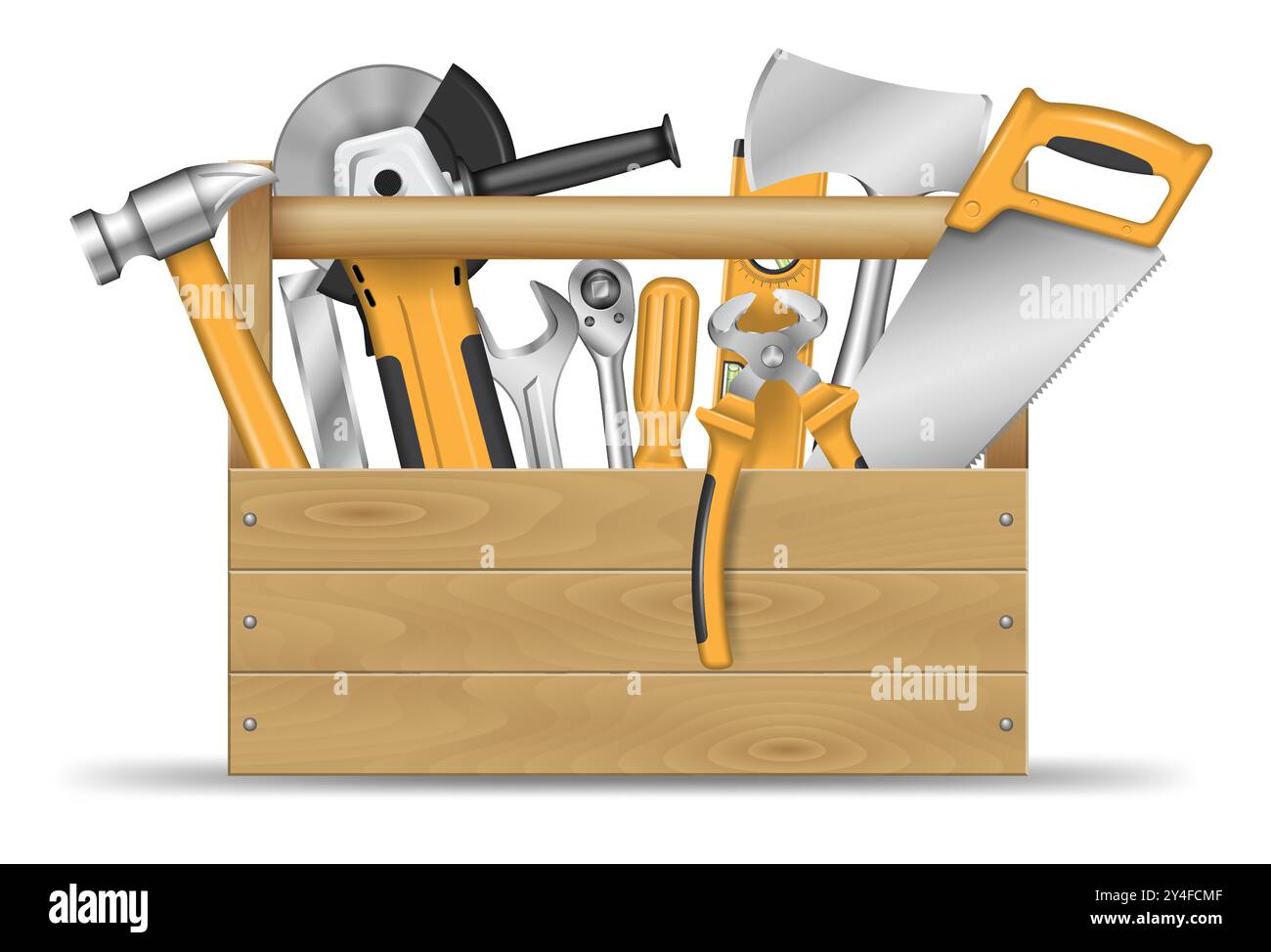 Wooden box filled with hand tools for DIY repair and construction ...