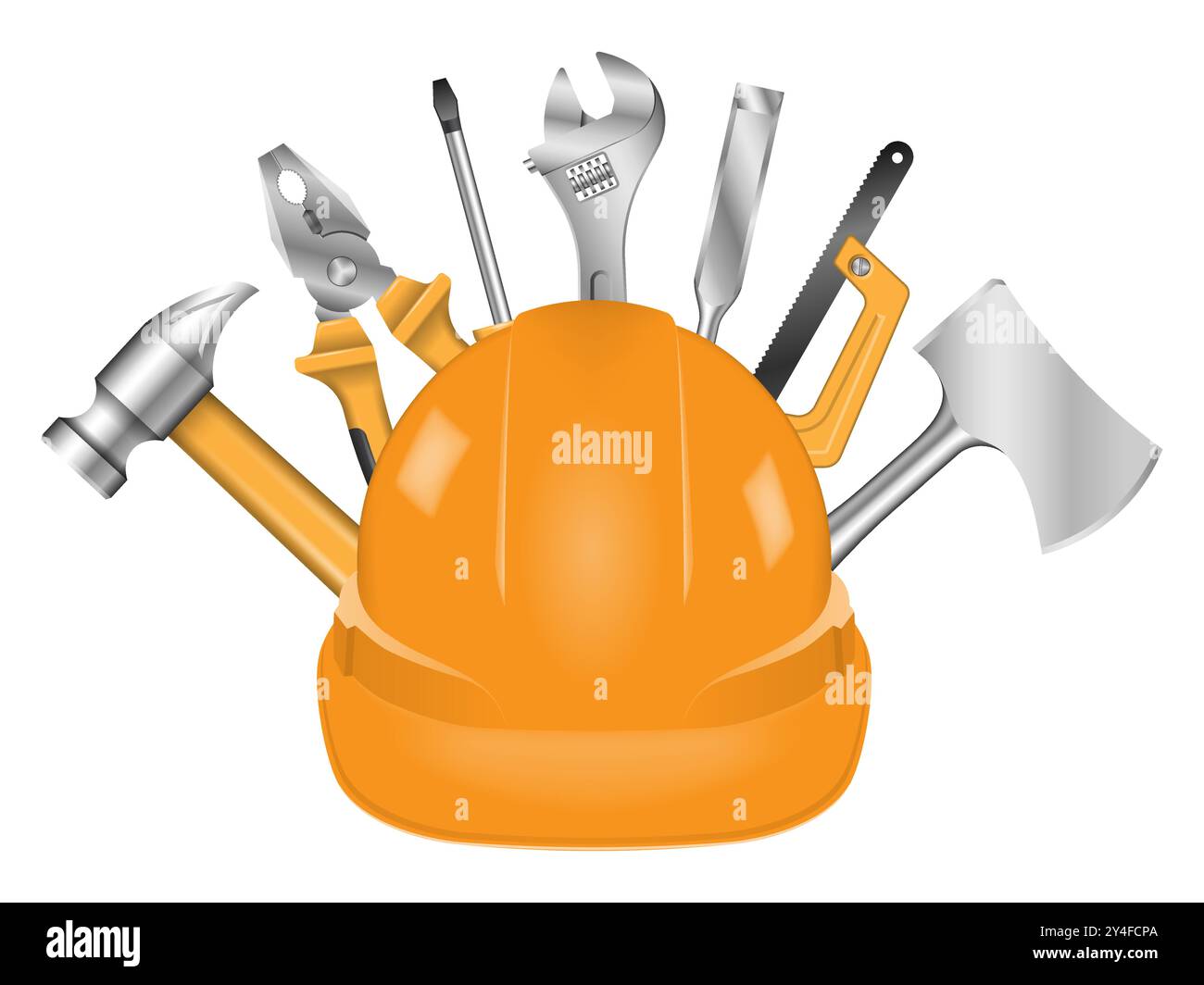 Construction concept with orange safety helmet and hand tools behind it ...