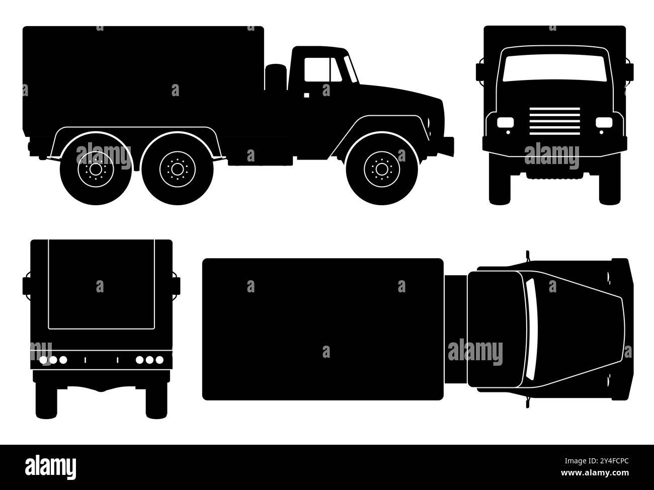 Military truck silhouette on white background. Vehicle icons set view ...