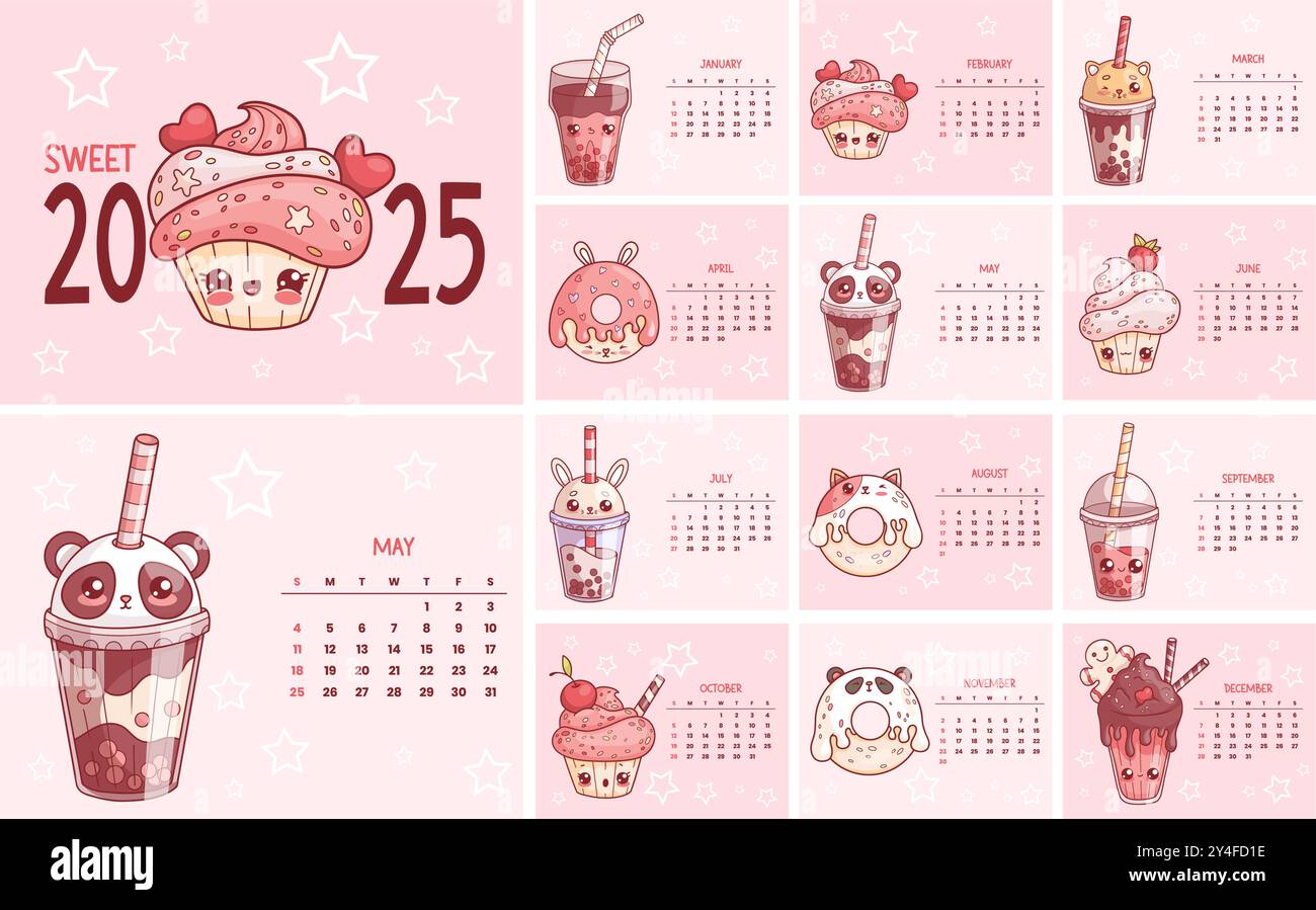 Sweet calendar 2025. Cute cartoon kawaii character donut, cupcake and ...