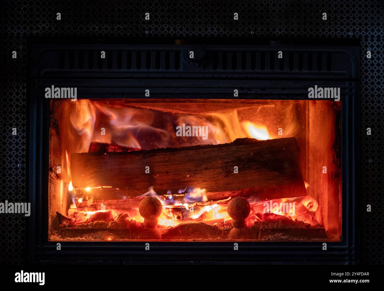 Open fire, blazing fire, fire and flames in a fireplace insert Stock ...