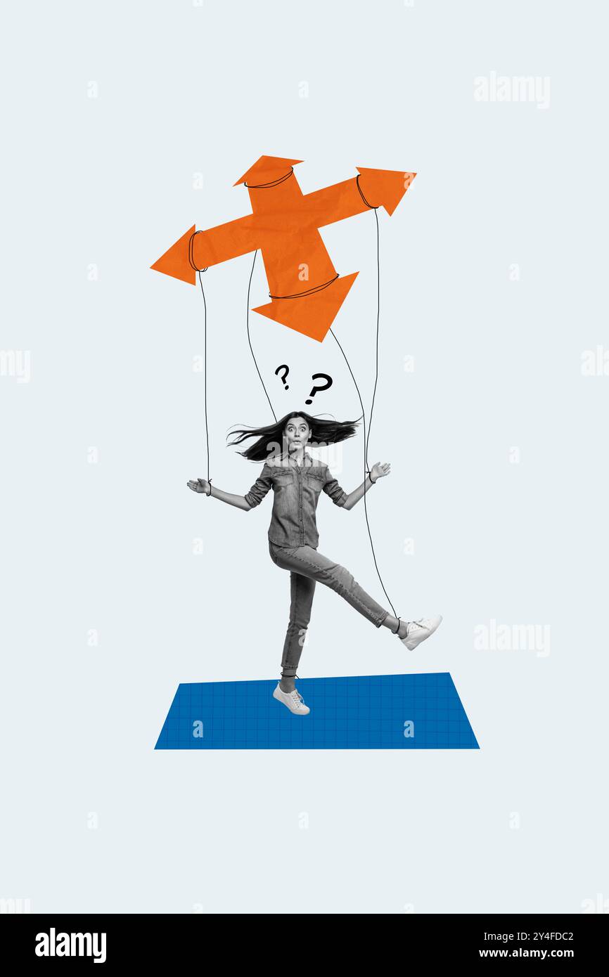 Vertical photo collage of shocked girl wear handcuffs ribbon marionette ...