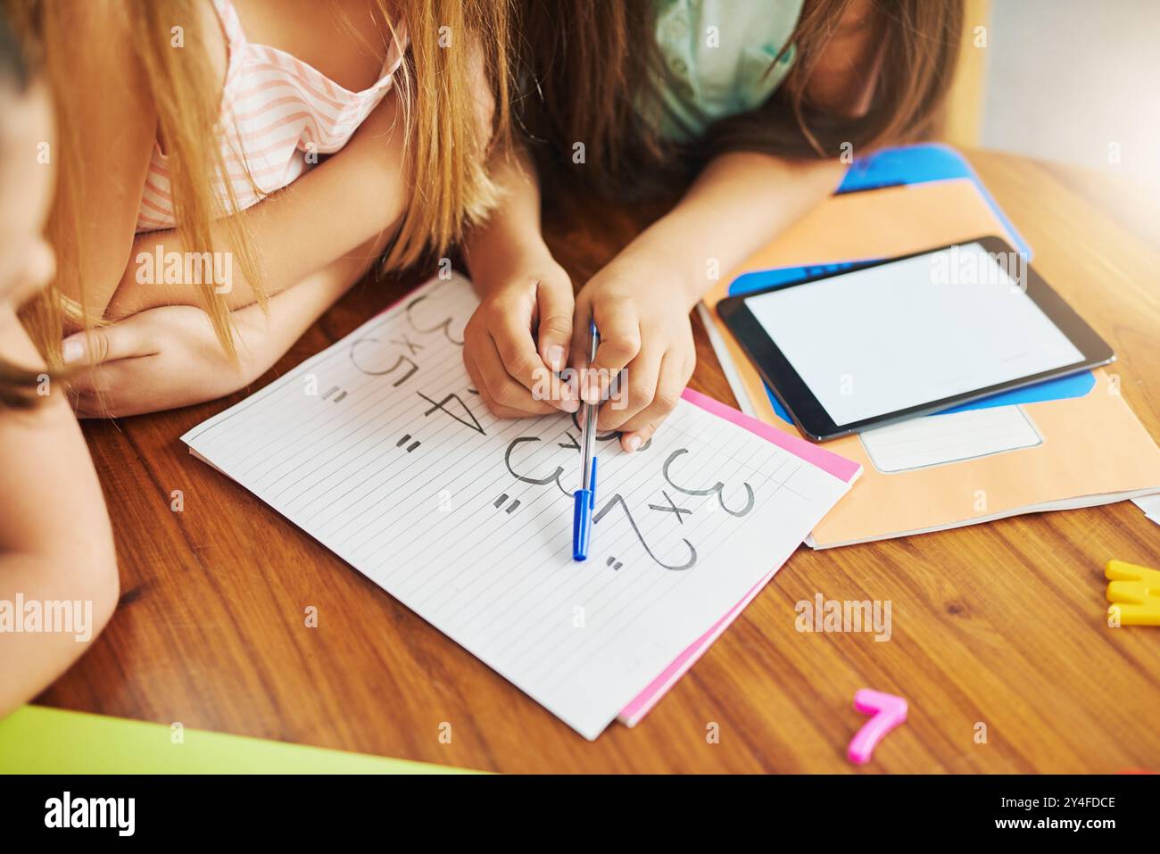 Education, hands and kids learning to write in group activity in ...