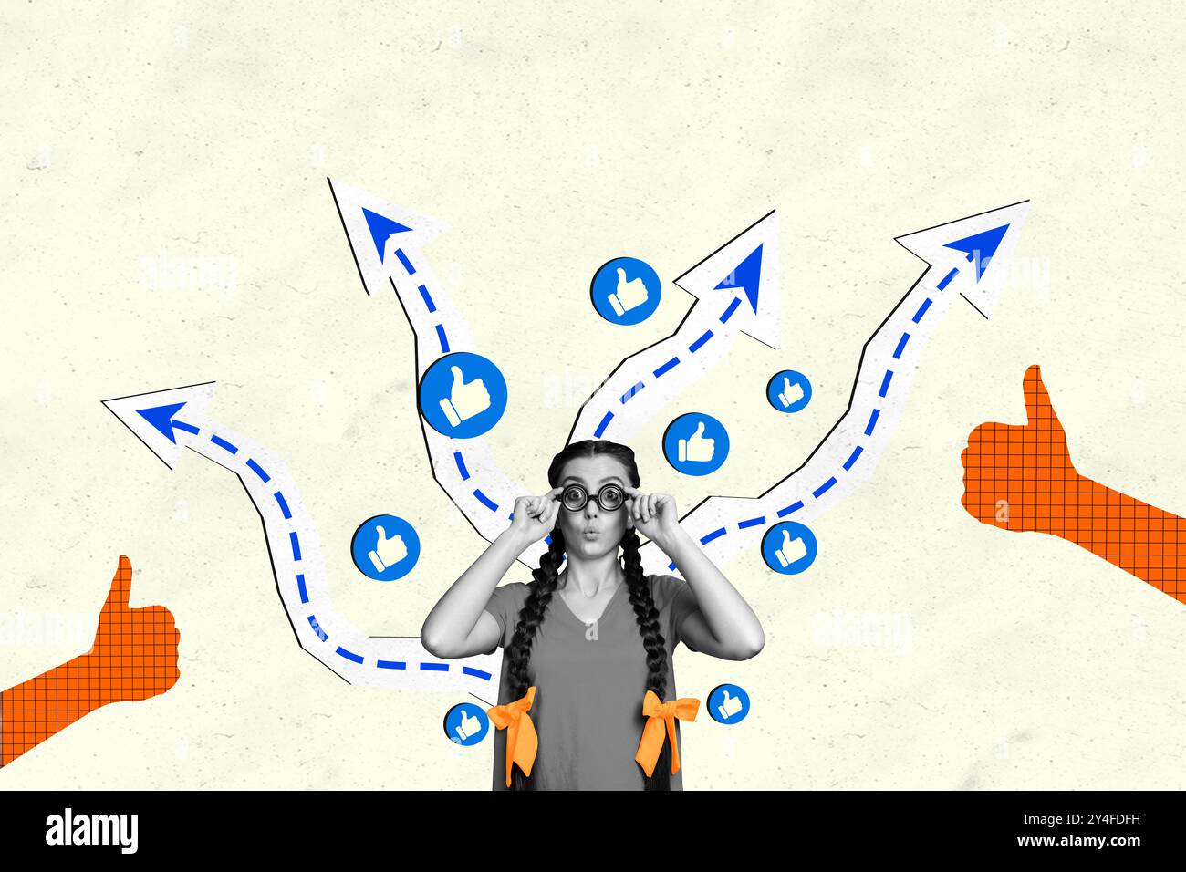 Composite photo collage of astonished geek girl popular blogger hands ...