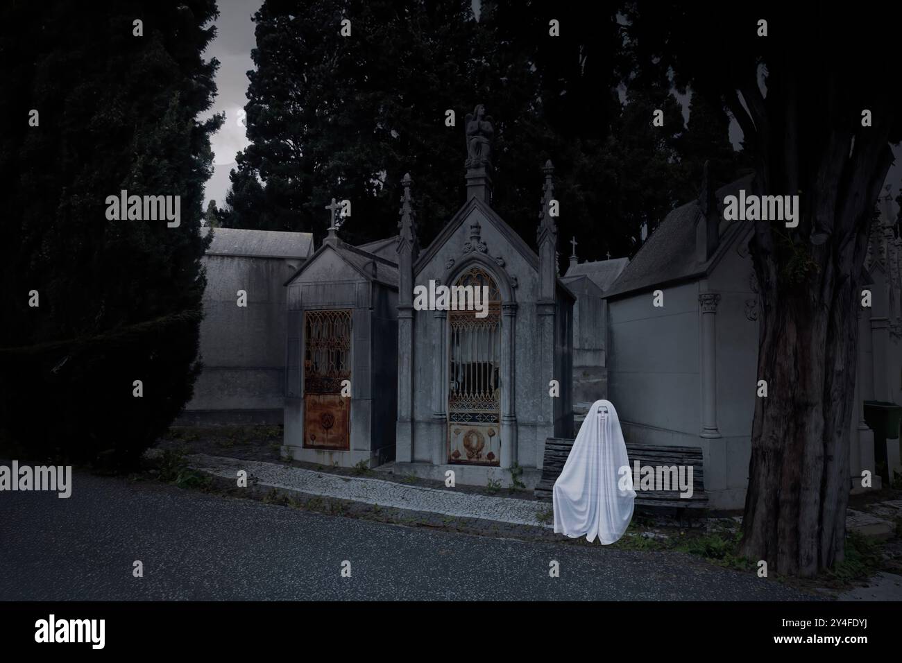 Creepy woman ghost from an old cemetery sitted on a bench in a full ...