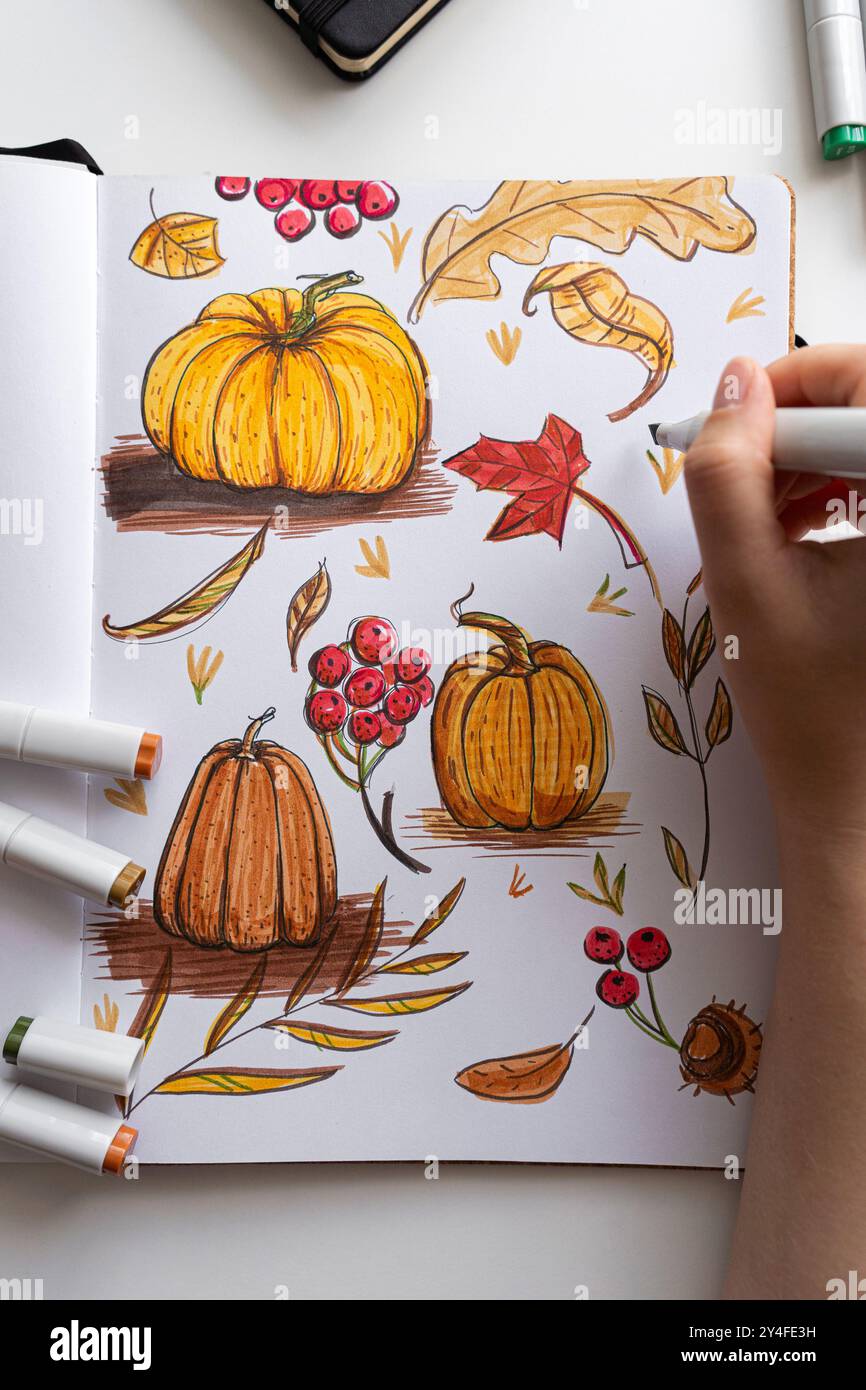 Hand coloring autumn-themed illustration Stock Photo - Alamy