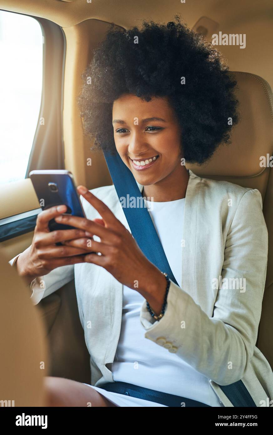 Smile, travel and woman in cab with phone for location tracker ...