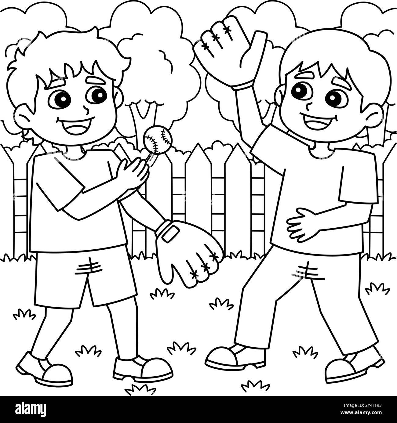 Baseball Kids Playing Catch the Ball Coloring Page Stock Vector Image ...