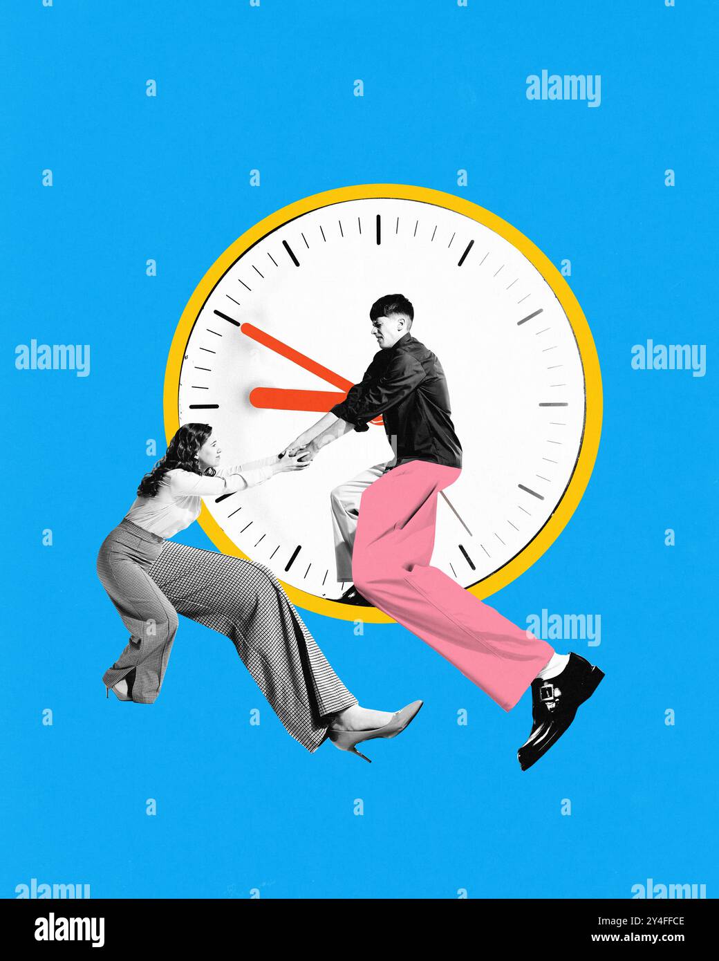 Two people clinging to clocks hands, symbolizing tension between ...