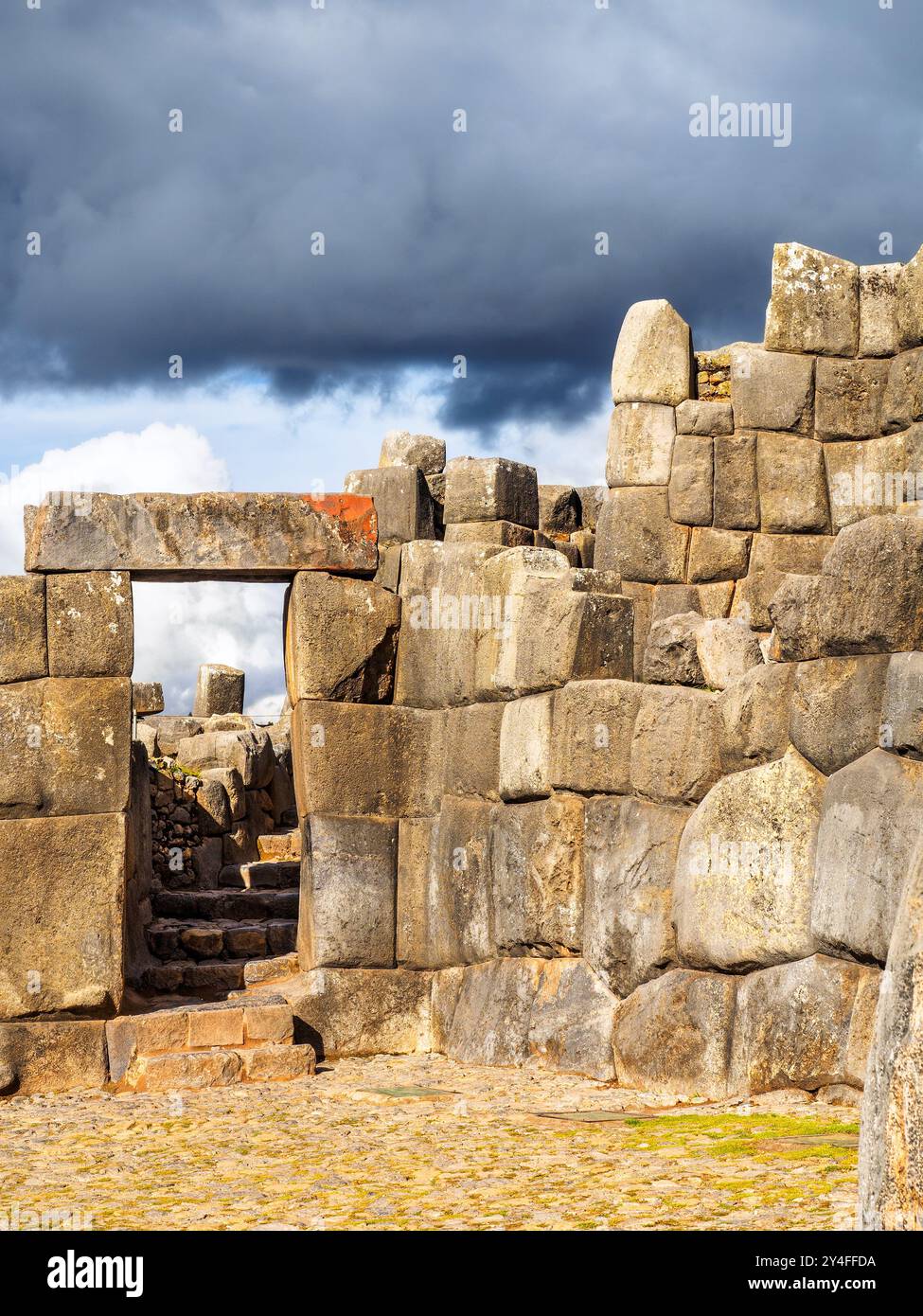 Large polished dry stone walls of the Saksaywaman military Inca complex ...