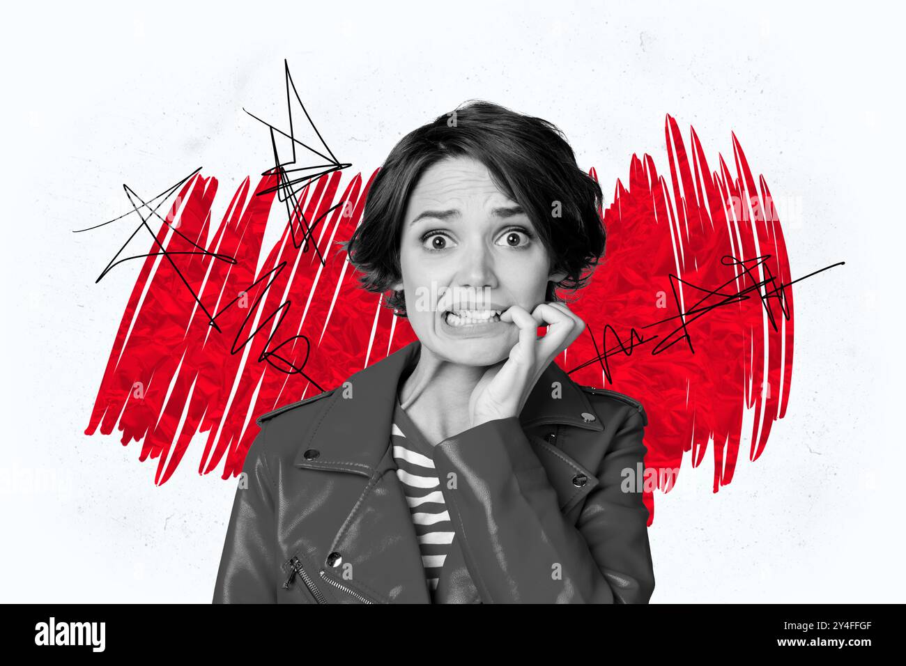 Creative drawing collage picture of nervous female bite fingers worried ...