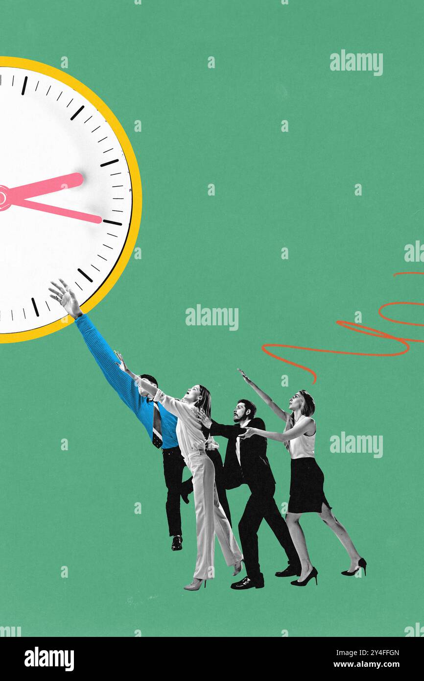 Group of business people reaching for large clock on, emphasizing ...