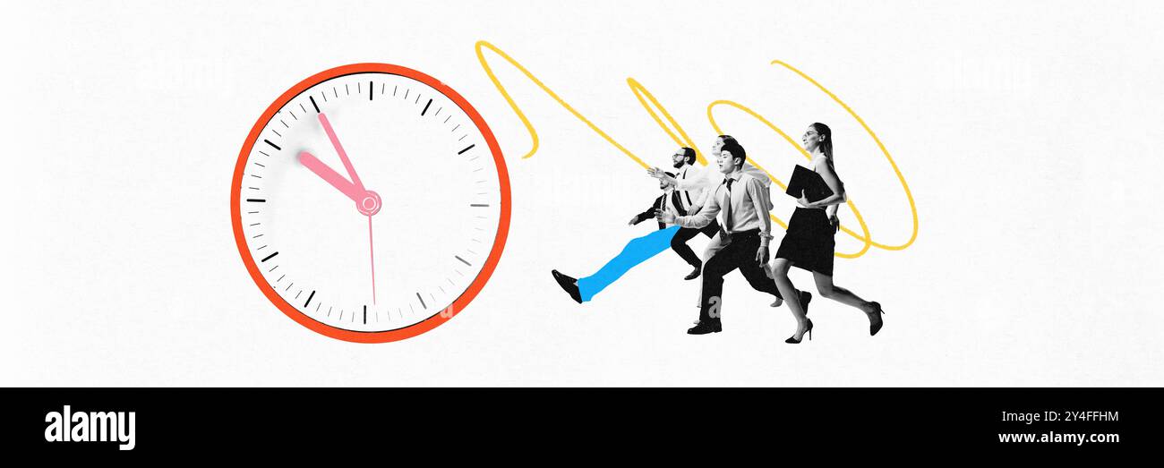 Three business people running toward clock, signifying race against ...