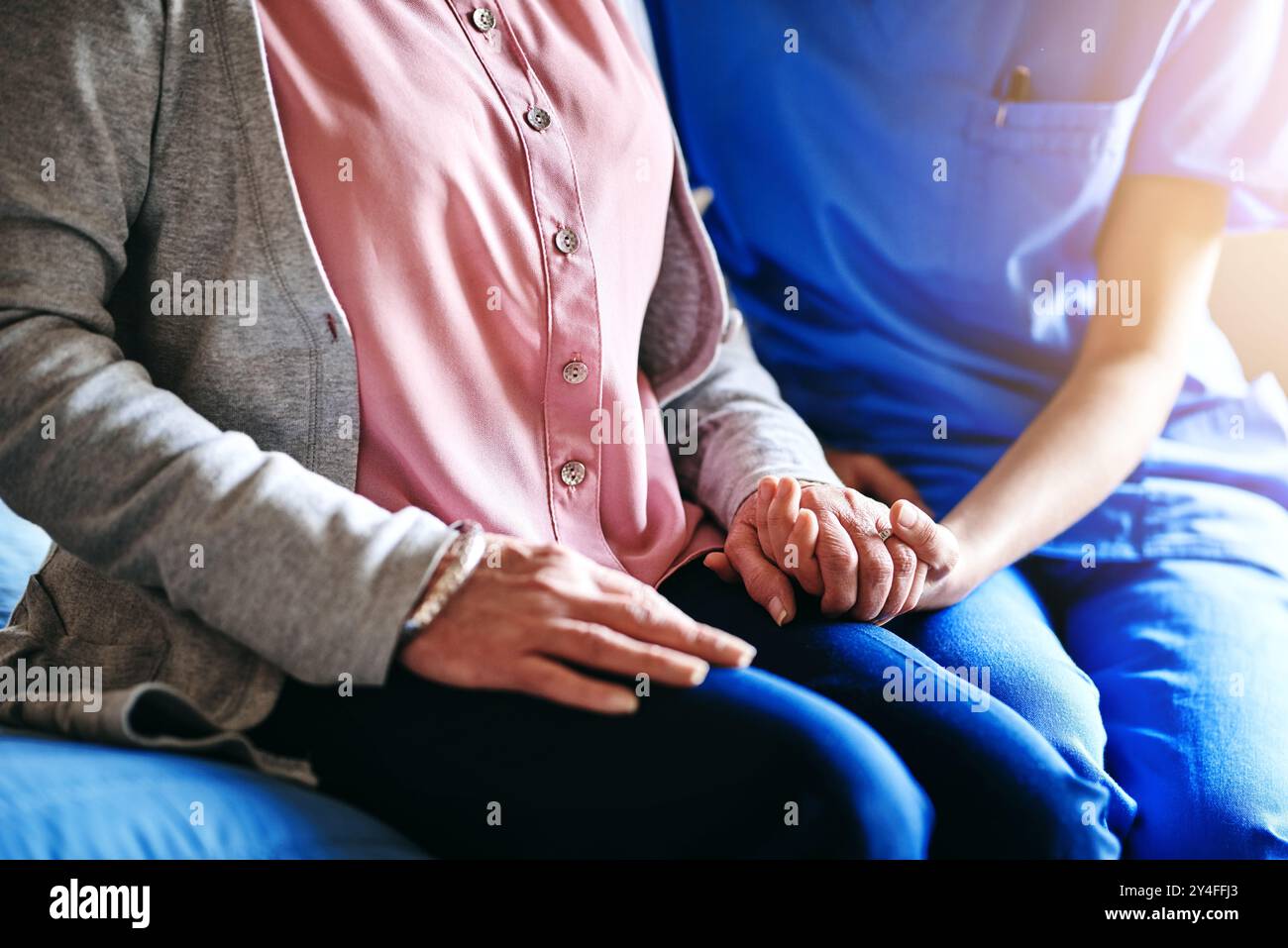 Healthcare, empathy and holding hands with nurse and old woman for ...