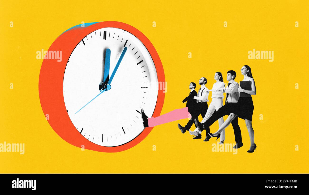 Group of businesspeople walking toward clock, symbolizing teamwork in ...