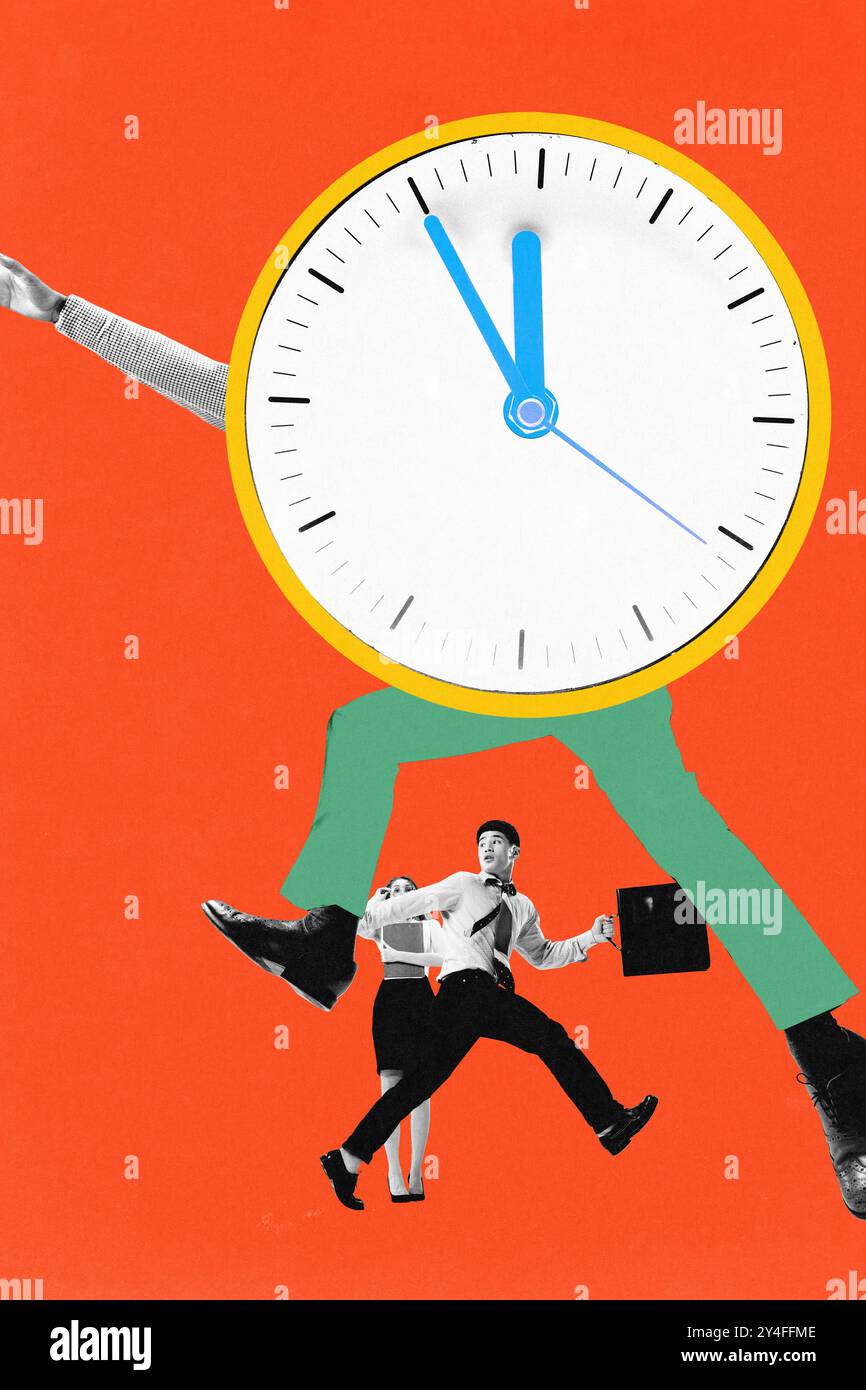 Giant clock with legs running, while businesspeople being in a hurry ...