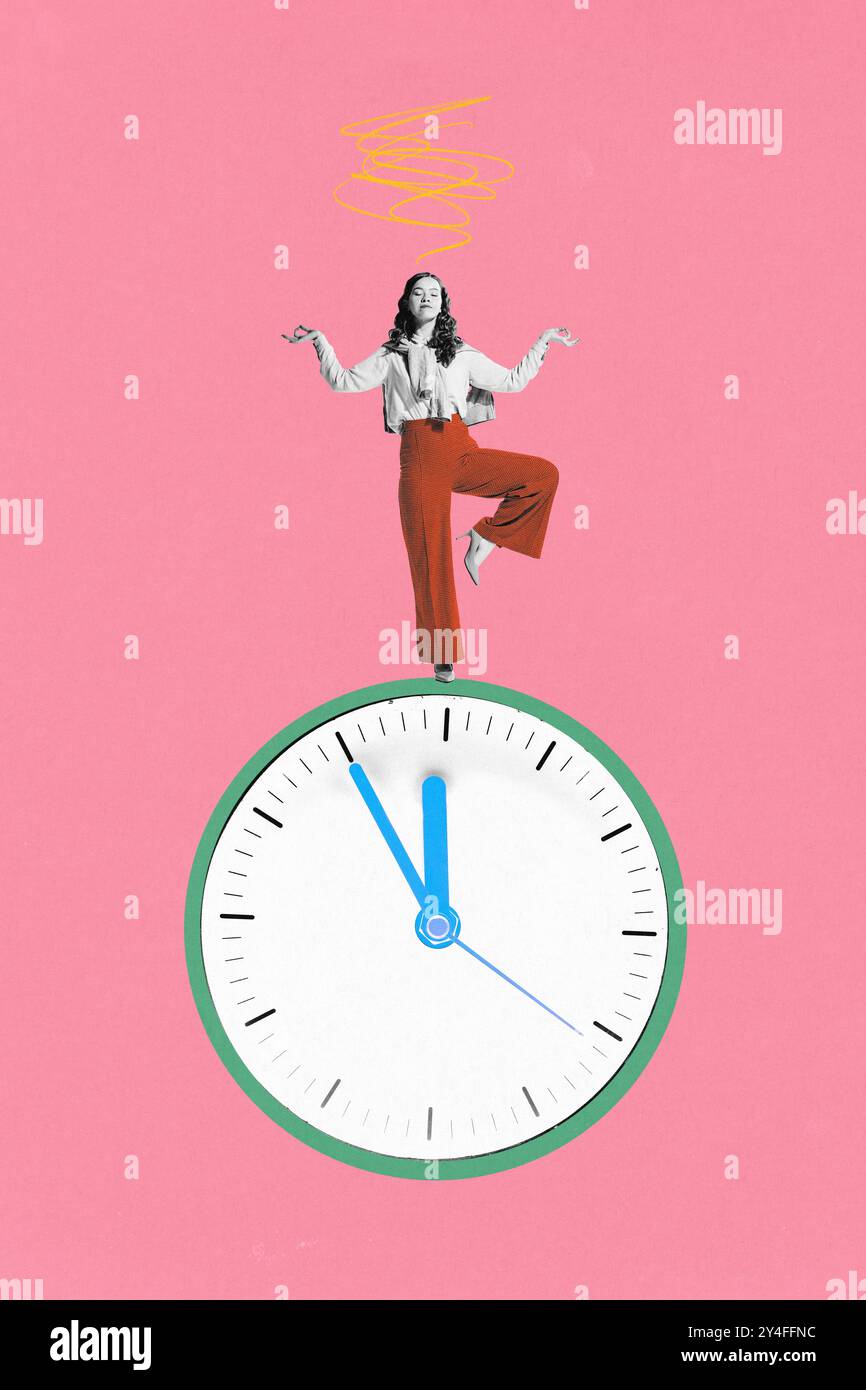 Woman balancing serenely on top of clock, striking meditative pose ...