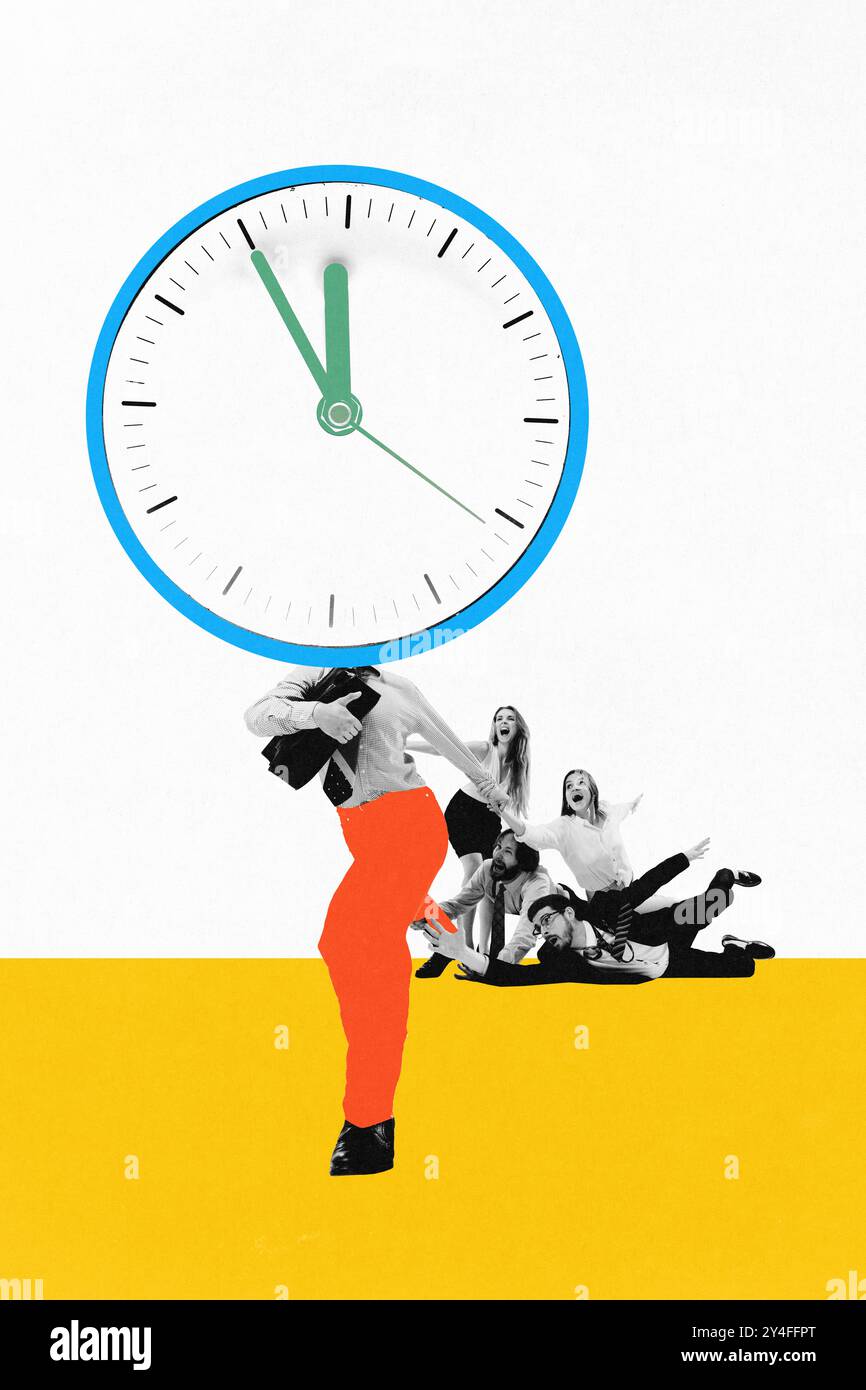Businessman with clock on head rushing forward, pulling group of ...