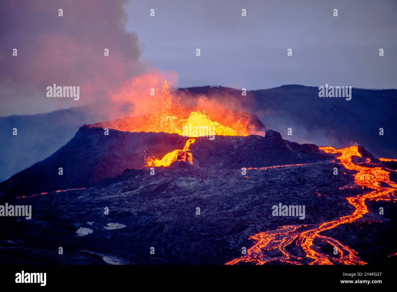 Fagradalsfjall volcano in activity in 2021 about 40 kilometers from ...