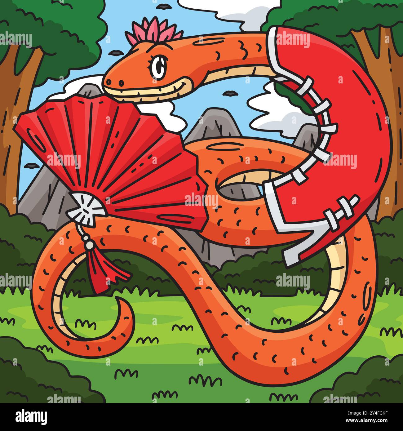 Year of the Snake with Hand Fan Colored Cartoon Stock Vector Image ...