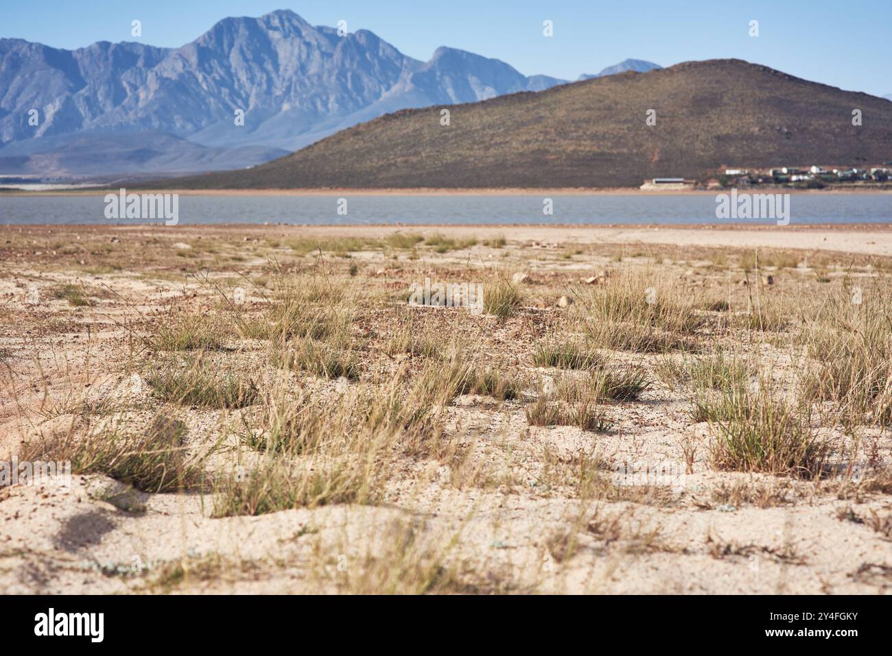 Landscape, empty dam and earth with drought, natural disaster and ...
