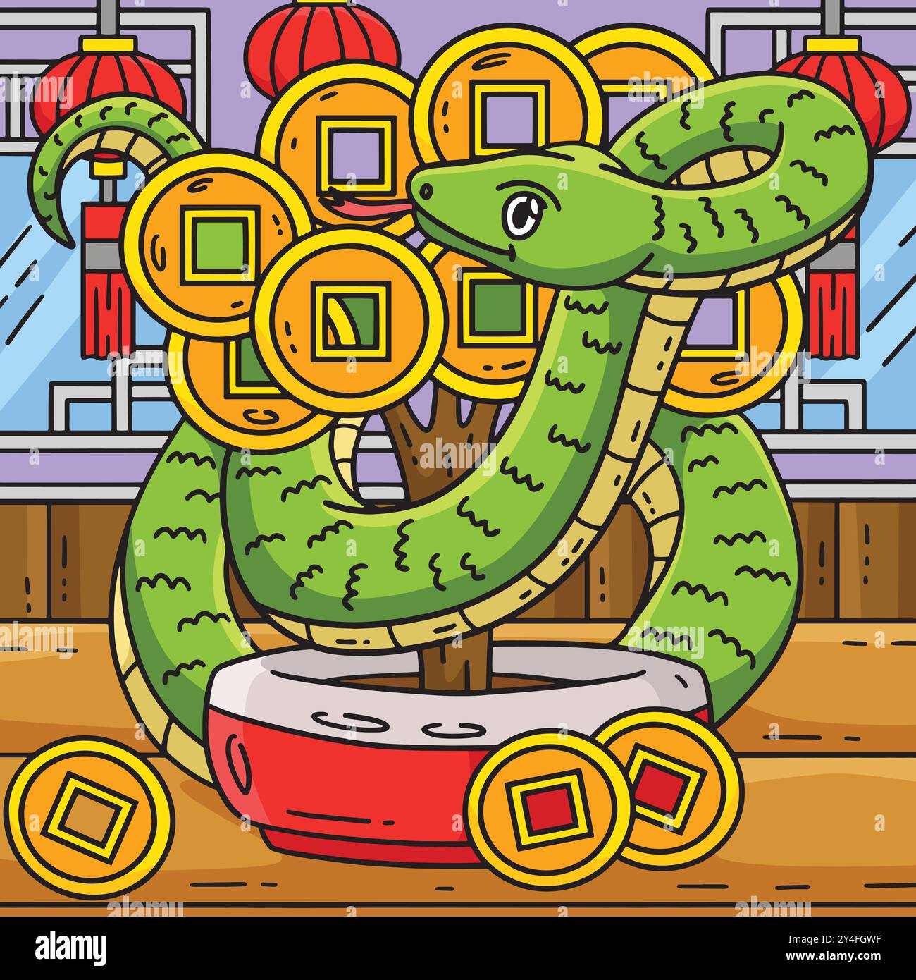 Year of the Snake and Coin Tree Colored Cartoon Stock Vector Image ...
