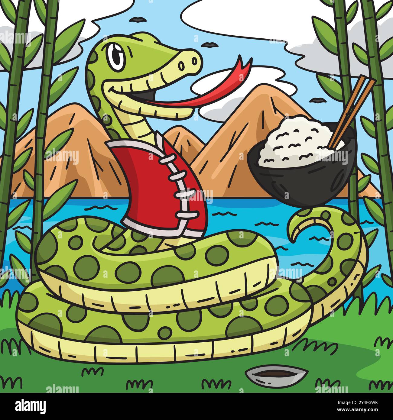 Year of the Snake with Bowl Rice Colored Cartoon Stock Vector Image ...