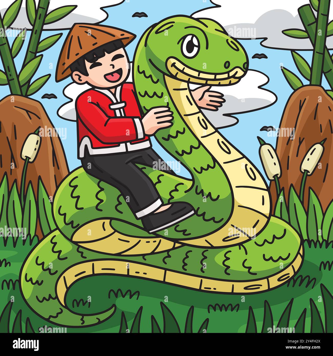 Year of the Snake Child Riding a Snake Colored Stock Vector Image & Art ...