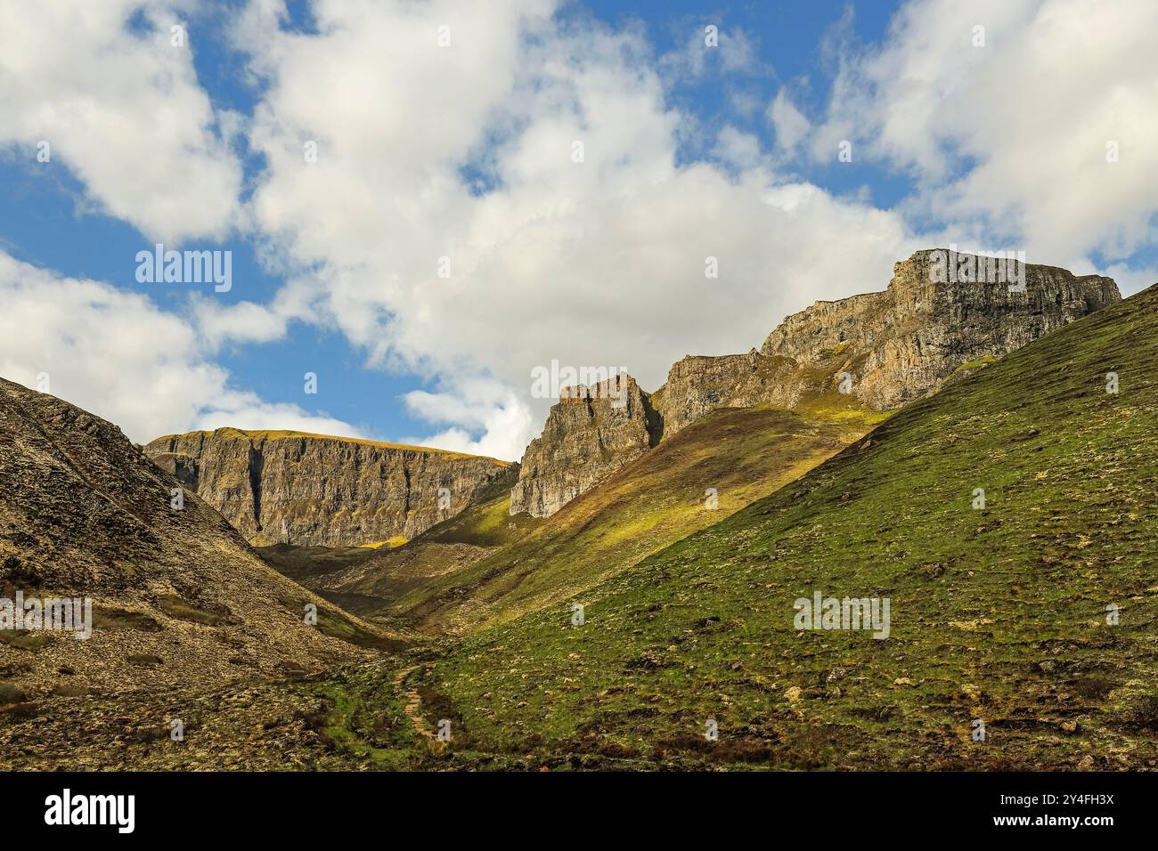 Towering basalt lava cliffs over Jurassic sediments at the Quiraing ...
