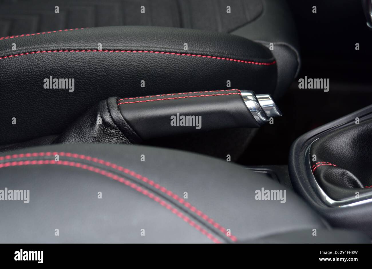 Manual brake in interior of modern car. Car parking brake Stock Photo ...