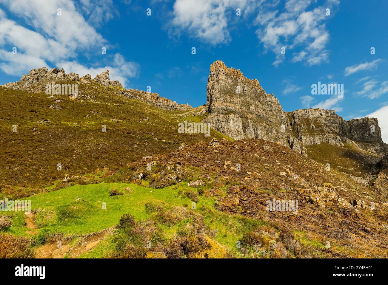 Towering basalt lava cliffs over Jurassic sediments at the Quiraing ...