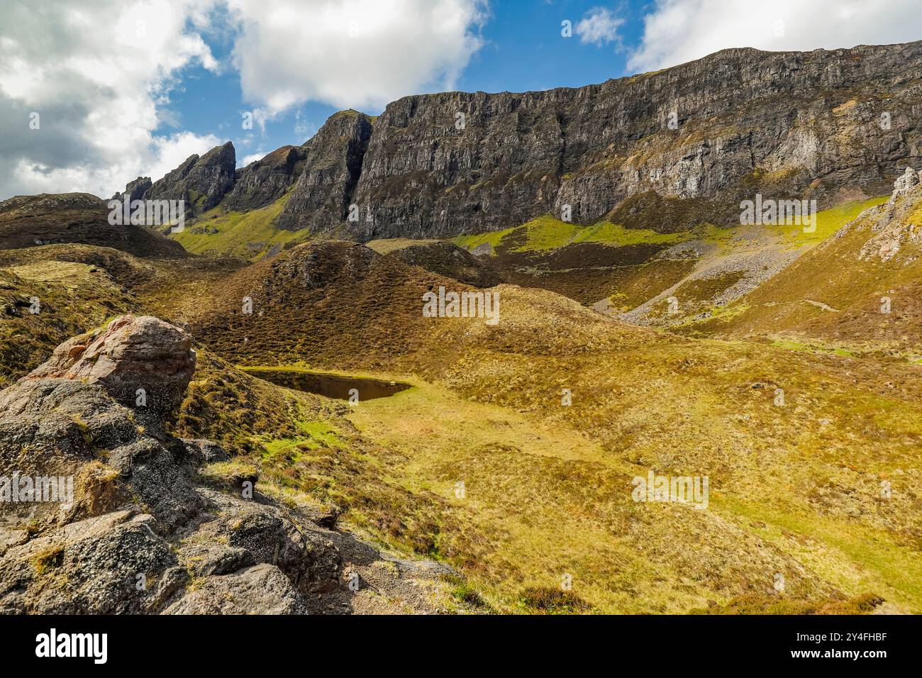 Landslip landscape & basalt lava over Jurassic sediment cliffs at the ...