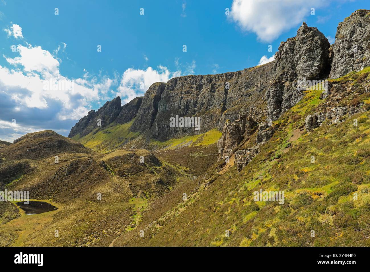 Landslip landscape & basalt lava over Jurassic sediment cliffs at the ...