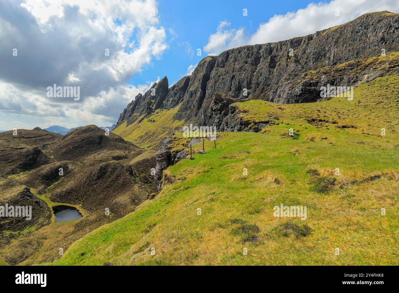 Landslip landscape & basalt lava over Jurassic sediment cliffs at the ...