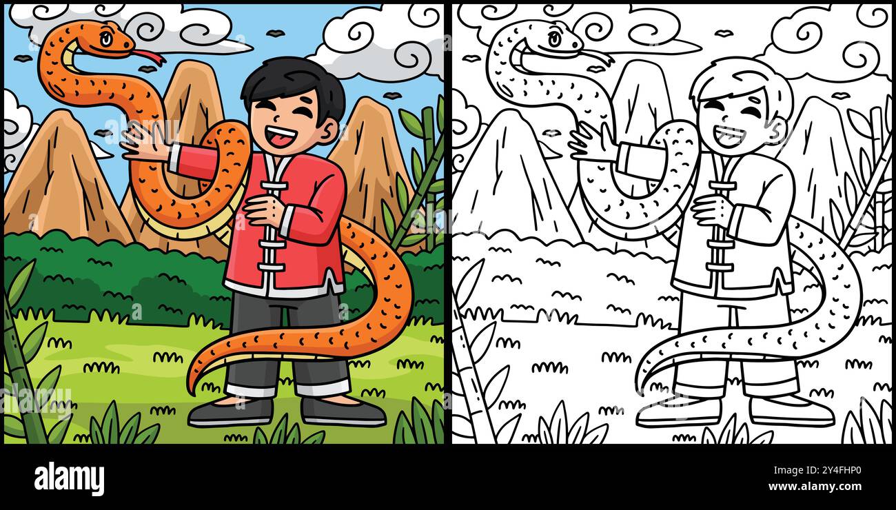 Year of the Snake Child and Snake Illustration Stock Vector Image & Art ...