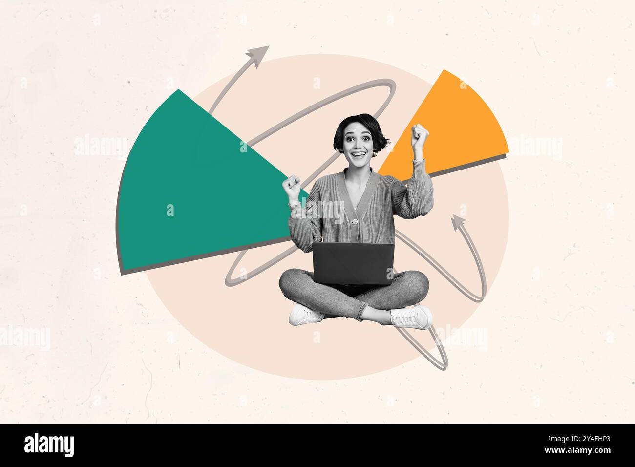 Creative collage young woman freelancer remote job laptop celebrate ...